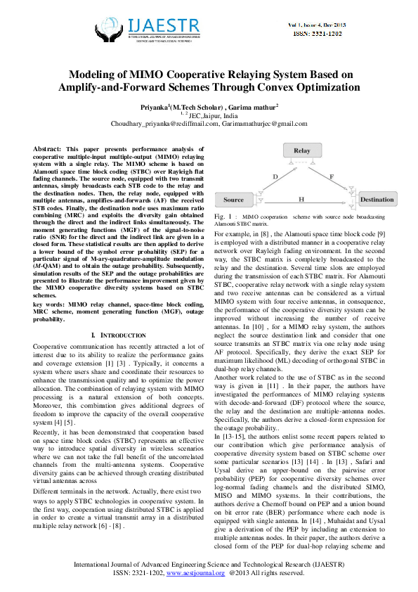 Pdf Modeling Of Mimo Cooperative Relaying System Based On Amplify And