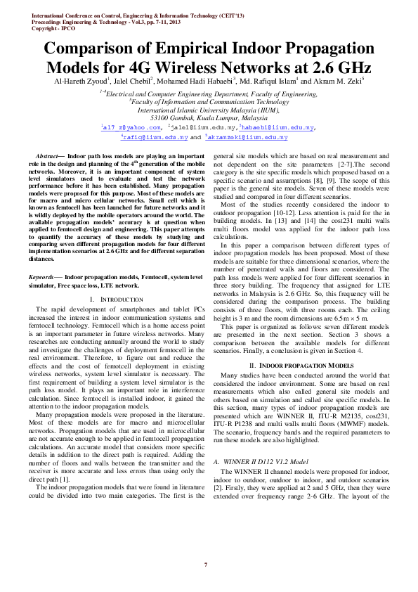 Pdf Comparison Of Empirical Indoor Propagation Models For 4g Wireless Networks At 2 6 Ghz