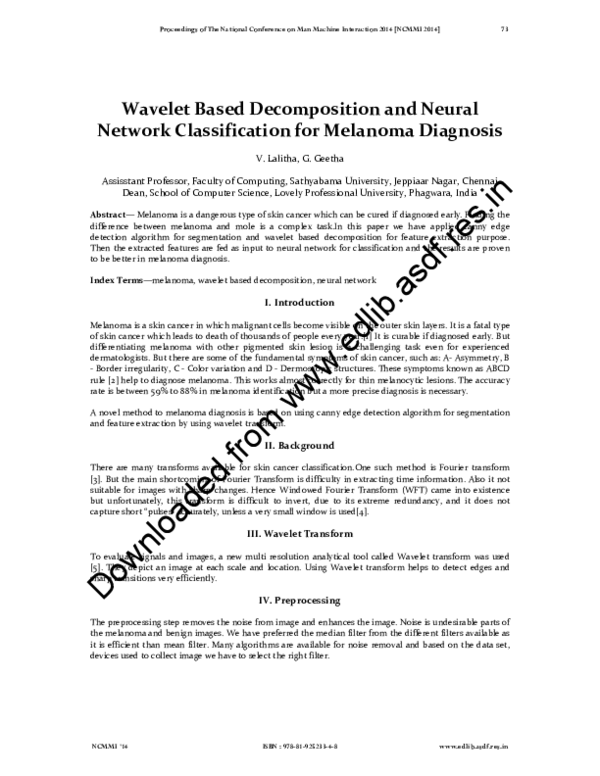 Pdf Wavelet Based Decomposition And Neural Network Classification For Melanoma Diagnosis