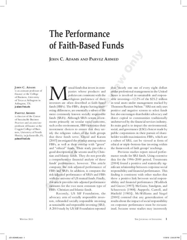 (PDF) The Performance of Faith-Based Funds