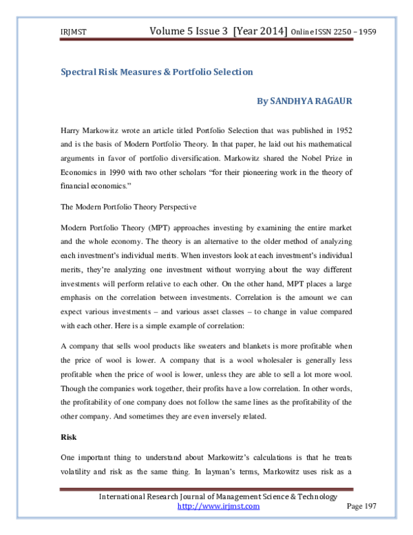 Pdf Spectral Risk Measures And Portfolio Selection