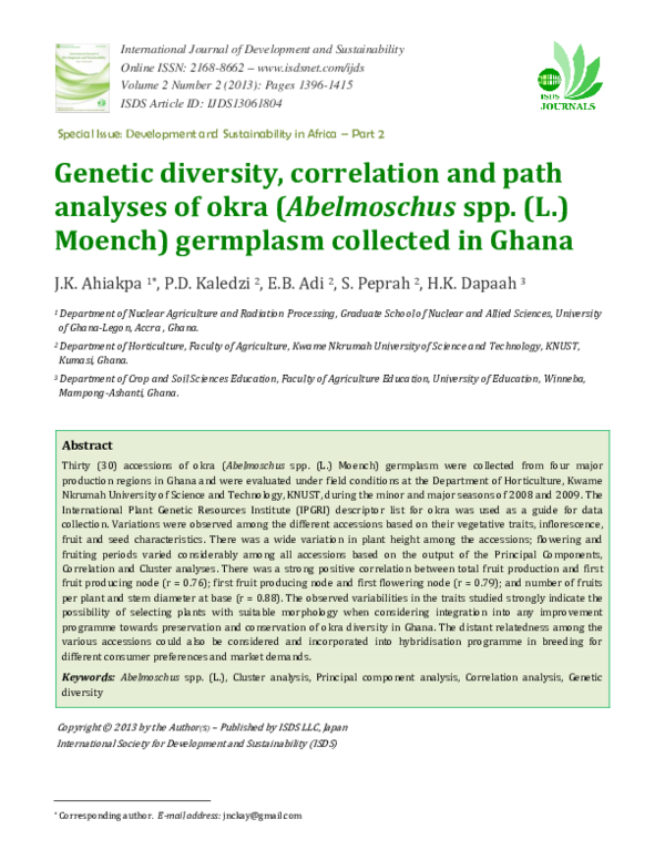 (PDF) Genetic diversity, correlation and path analyses of okra (Abelmoschus spp. (L.) Moench ...