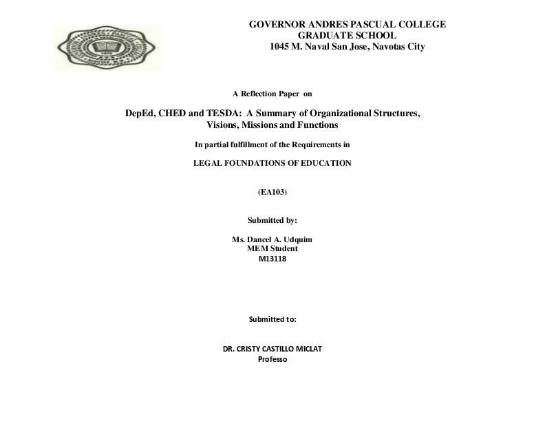 (DOC) A Reflection Paper on DepEd, CHED and TESDA: A Summary of ...