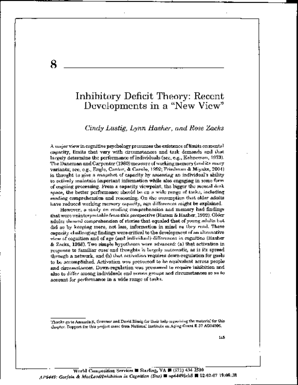 (PDF) Inhibitory Deficit Theory: Recent Developments in a "New View