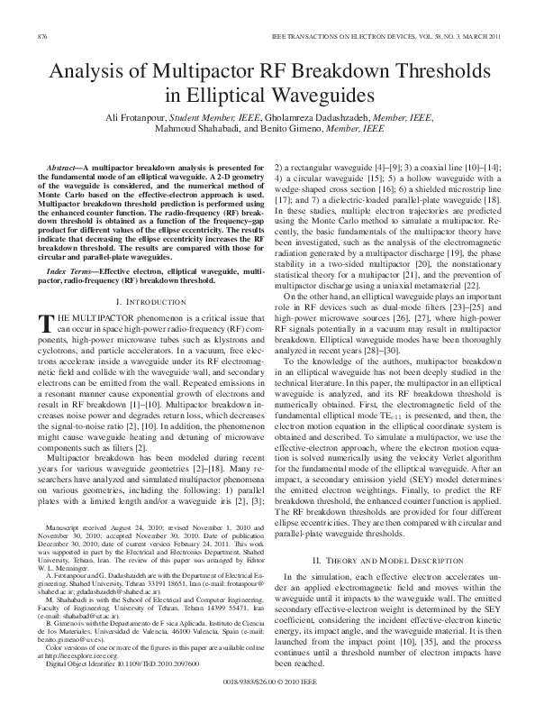 (PDF) Analysis of Multipactor RF Breakdown Thresholds in Elliptical Waveguides