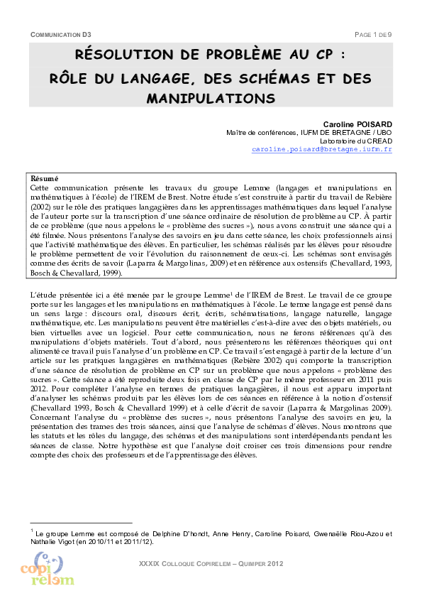 Résolution de problème en CP : rôle du langage, des schémas et des ...