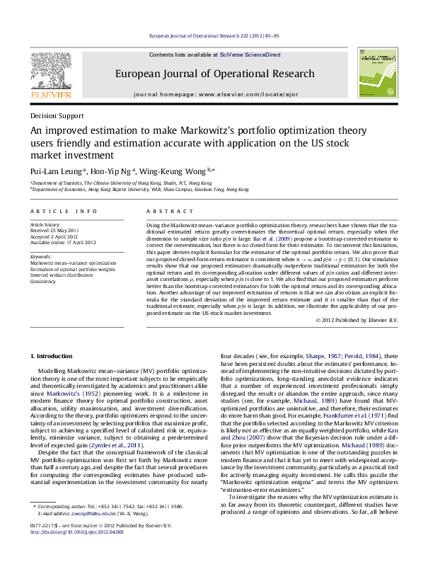 Pdf Decision Support An Improved Estimation To Make Markowitzs