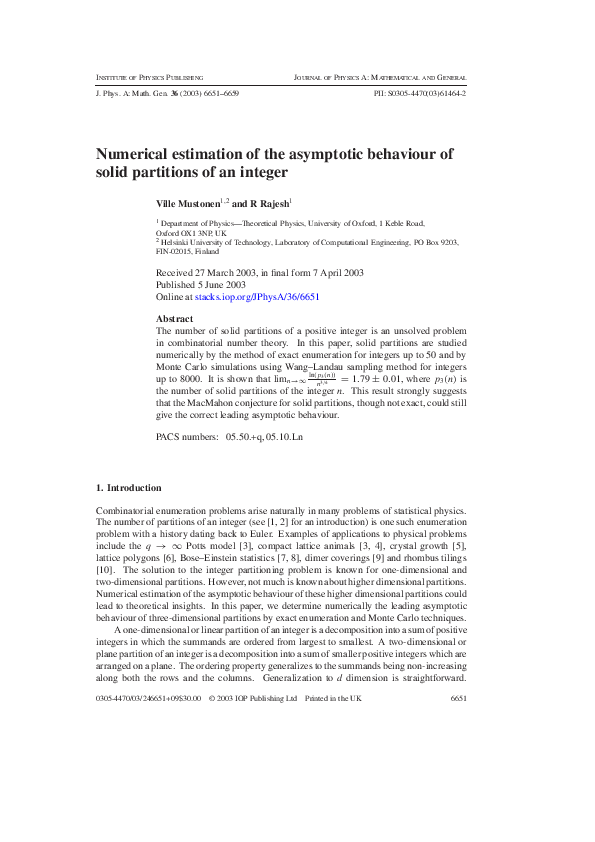 (PDF) Numerical estimation of the asymptotic behaviour of solid partitions of an integer