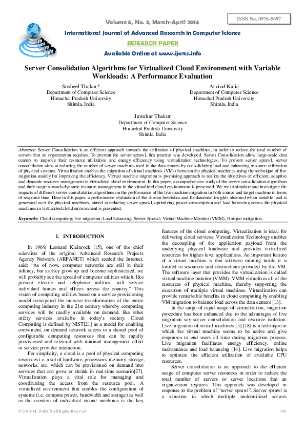 Pdf Server Consolidation Algorithms For Virtualized Cloud Environment With Variable Workloads