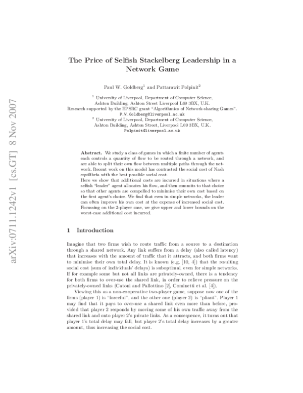 (PDF) The Price of Selfish Stackelberg Leadership in a Network Game