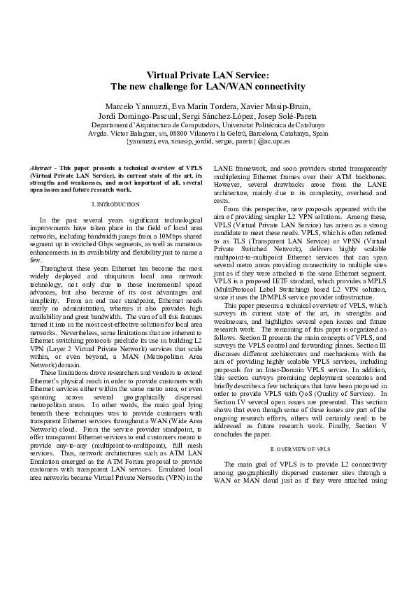(PDF) Virtual Private LAN Service: The new challenge for LAN/WAN ...
