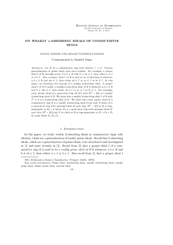 (PDF) ON Weakly 2-absorbing ideals of commutative rings," Houston ...