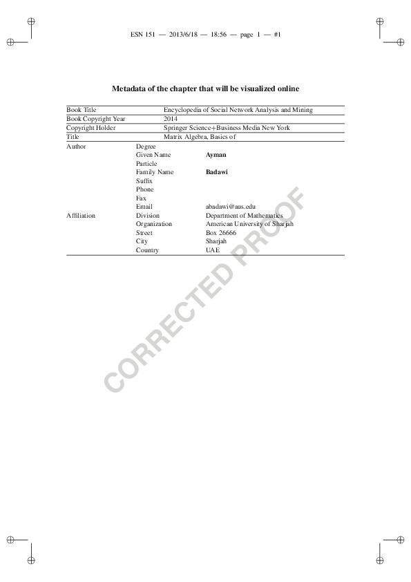 (PDF) Matrix Algebra, Basics of," a chapter in Encyclopedia of Social Network Analysis and ...