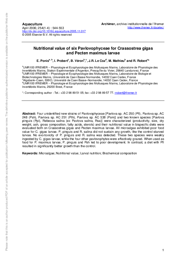 (PDF) Nutritional value of six Pavlovophyceae for Crassostrea gigas and ...