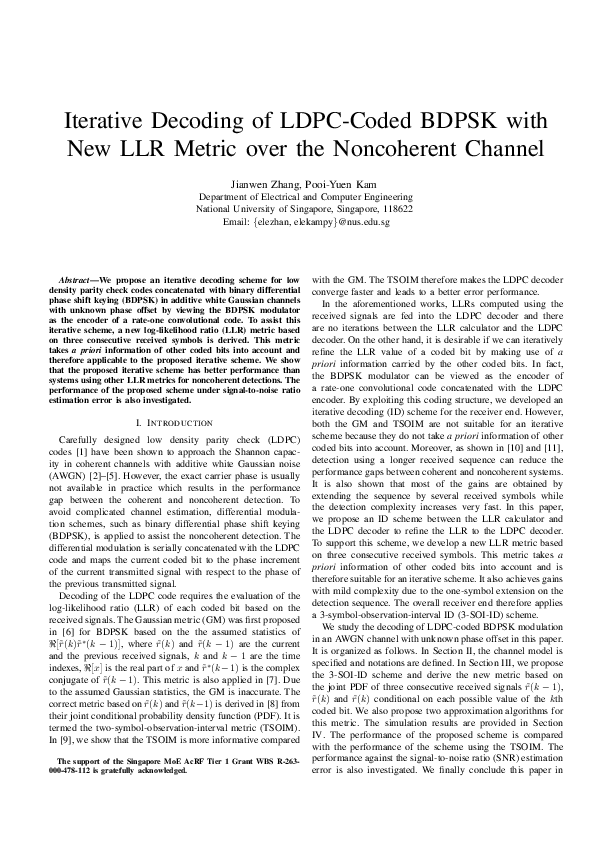 Pdf Iterative Decoding Of Ldpc Coded Bdpsk With New Llr Metric Over