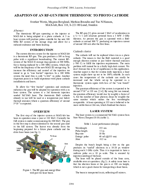 (PDF) ADAPTION OF AN RF-GUN FROM THERMIONIC TO PHOTO CATHODE