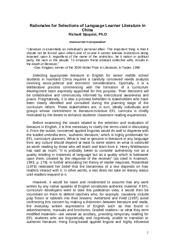 (DOC) Rationales for Selection of Language Learner Literature in China