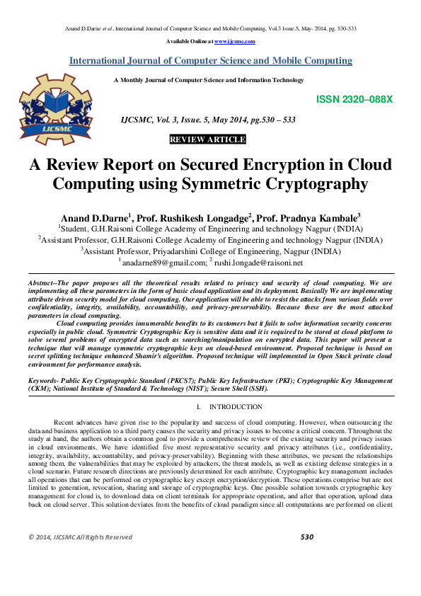 (PDF) A Review Report on Secured Encryption in Cloud Computing using Symmetric Cryptography﻿