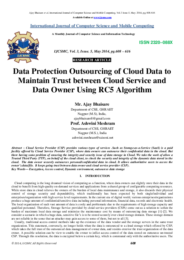 (PDF) Data Protection Outsourcing of Cloud Data to Maintain Trust between Cloud Service and Data ...