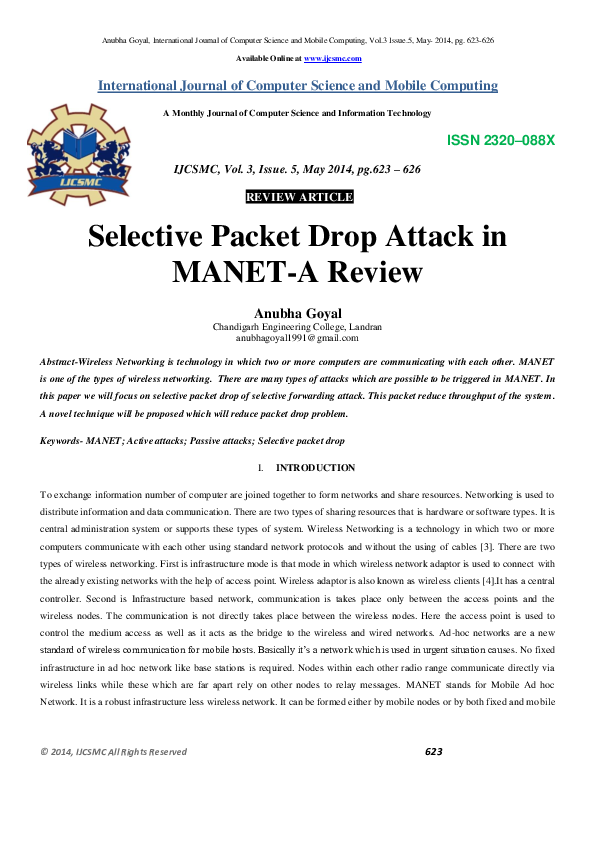 (PDF) Selective Packet Drop Attack in MANET-A Review﻿