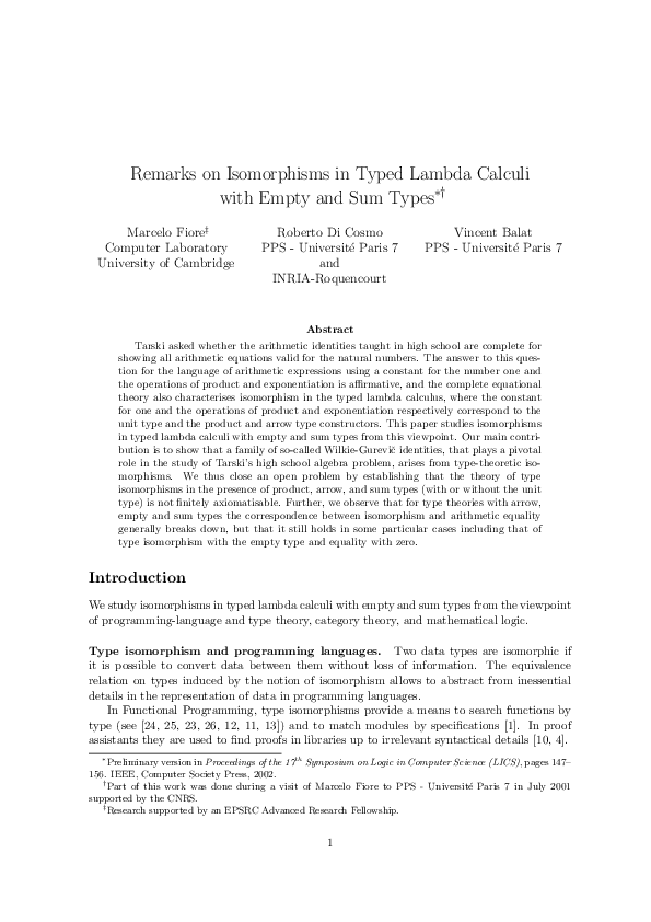 (PDF) Remarks on Isomorphisms in Typed Lambda Calculi with Empty and Sum Types | Marcelo Fiore ...