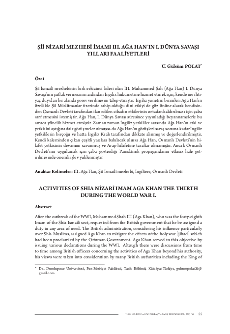 (PDF) Şii Nizari Mezhebi İmamı Ağa Han'ın I. Dünya Savaşı Yılları ...