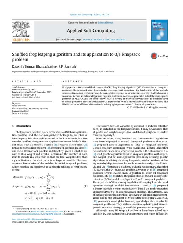 (PDF) Shuffled frog leaping algorithm and its application to 0/1 knapsack problem
