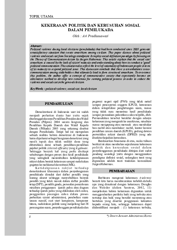 (PDF) TOPIK UTAMA KEKERASAN POLITIK DAN KERUSUHAN SOSIAL DALAM PEMILUKADA