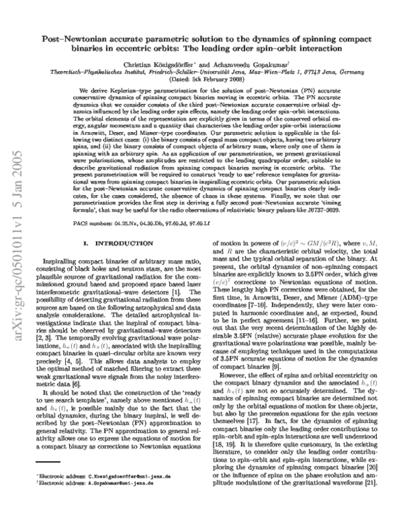 Pdf Post Newtonian Accurate Parametric Solution To The Dynamics Of Spinning Compact Binaries