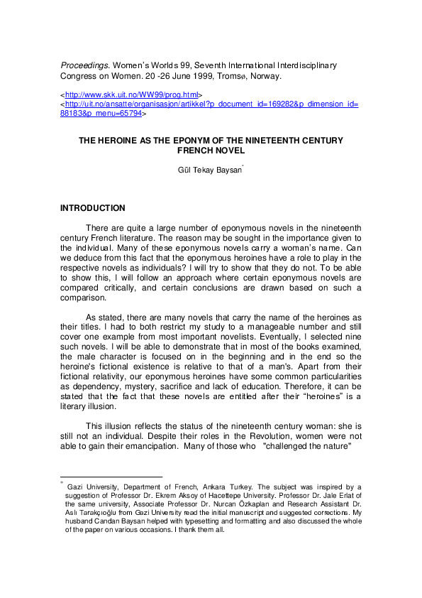 (PDF) THE HEROINE AS THE EPONYM OF THE NINETEENTH CENTURY FRENCH NOVEL