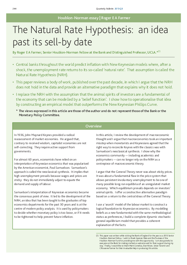 (PDF) The Natural Rate Hypothesis: an idea past its sell-by date