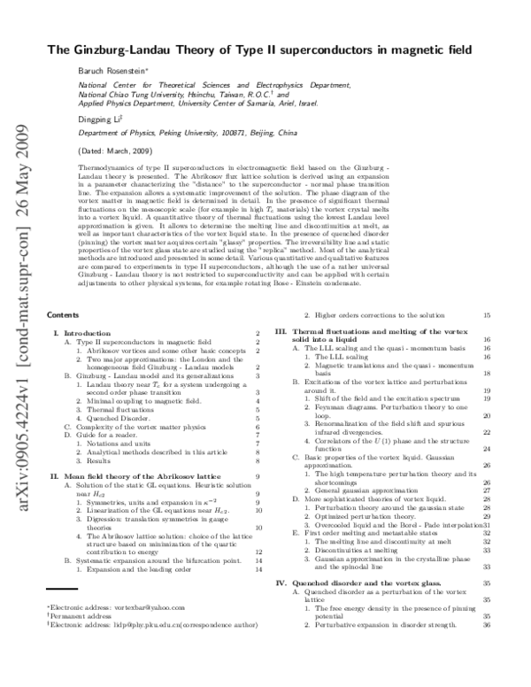 (PDF) Ginzburg-Landau theory of type II superconductors in magnetic field