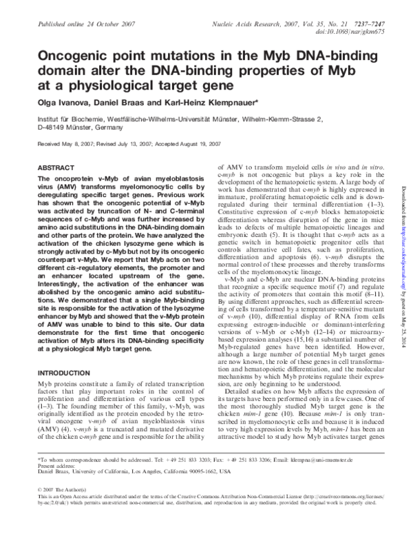 (PDF) Oncogenic point mutations in the Myb DNA-binding domain alter the ...