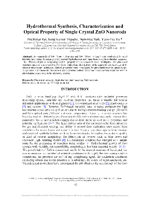 (PDF) Hydrothermal Synthesis, Characterization and Optical Property of Single Crystal ZnO Nanorods