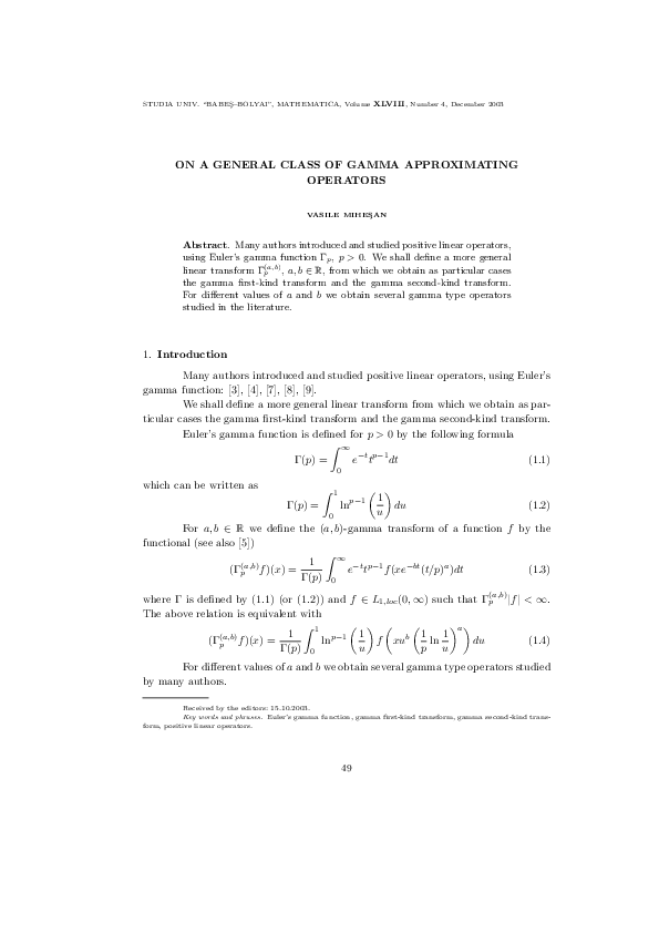 (PDF) ON A GENERAL CLASS OF GAMMA APPROXIMATING OPERATORS