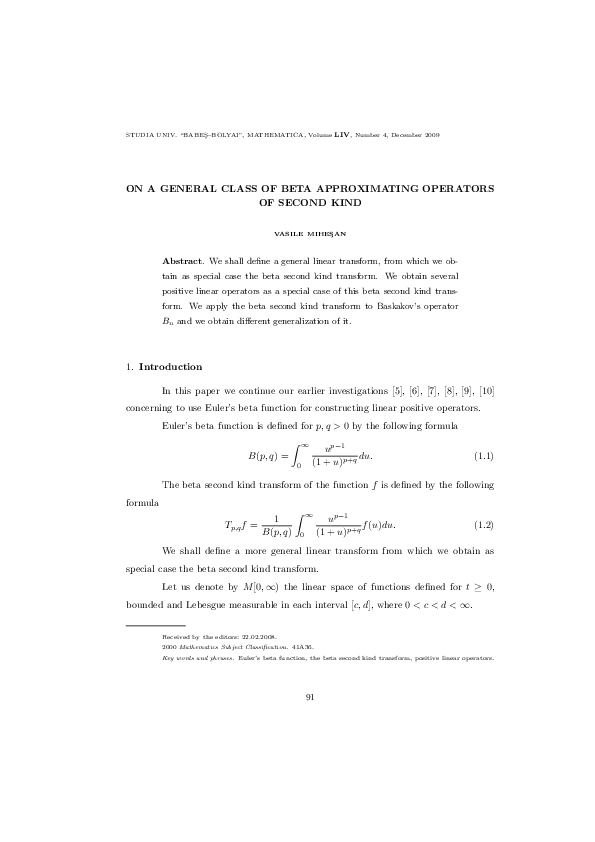 Pdf On A General Class Of Beta Approximating Operators Of Second Kind 