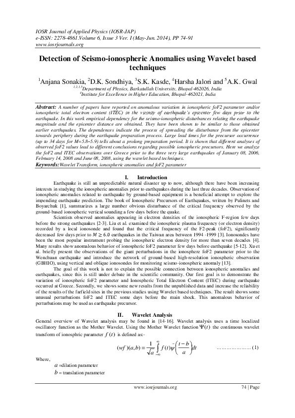 Pdf Detection Of Seismo Ionospheric Anomalies Using Wavelet Based Techniques