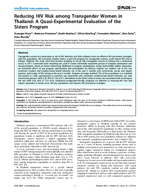 (PDF) Reducing HIV Risk among Transgender Women in Thailand