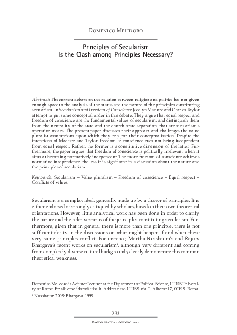 (PDF) The Principles of Secularism. Is the Clash among Values Necessary?