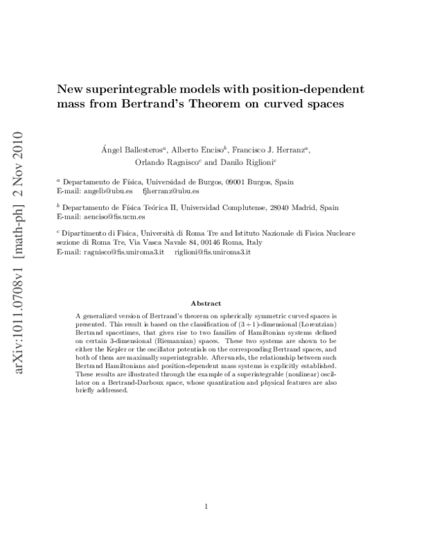 (PDF) New superintegrable models with position-dependent mass from Bertrand's Theorem on curved ...
