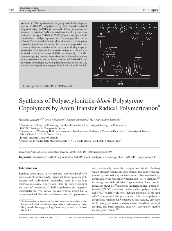 (PDF) Synthesis of Polyacrylonitrile-block-Polystyrene Copolymers by Atom Transfer Radical ...