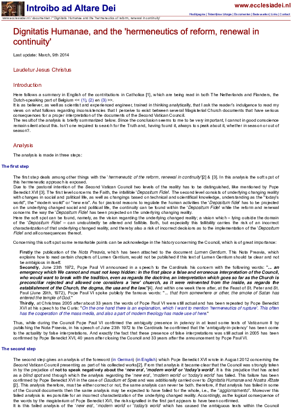 (PDF) Dignitatis Humanae, and the 'hermeneutics of reform, renewal in continuity'