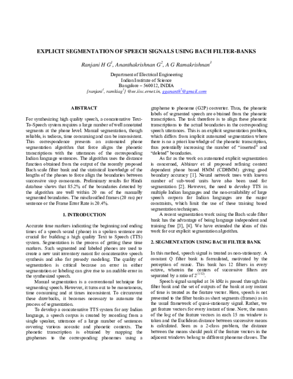 Pdf Explicit Segmentation Of Speech Signals Using Bach Filter Banks