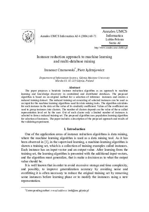 Pdf Annales Umcs Informatica Instance Reduction Approach To Machine Learning And Multi