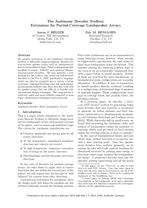 Pdf The Ambisonic Decoder Toolbox Extensions For Partial Coverage