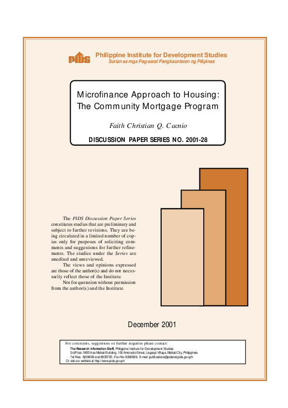 (PDF) Microfinance Approach to Housing: The Community Mortgage Program