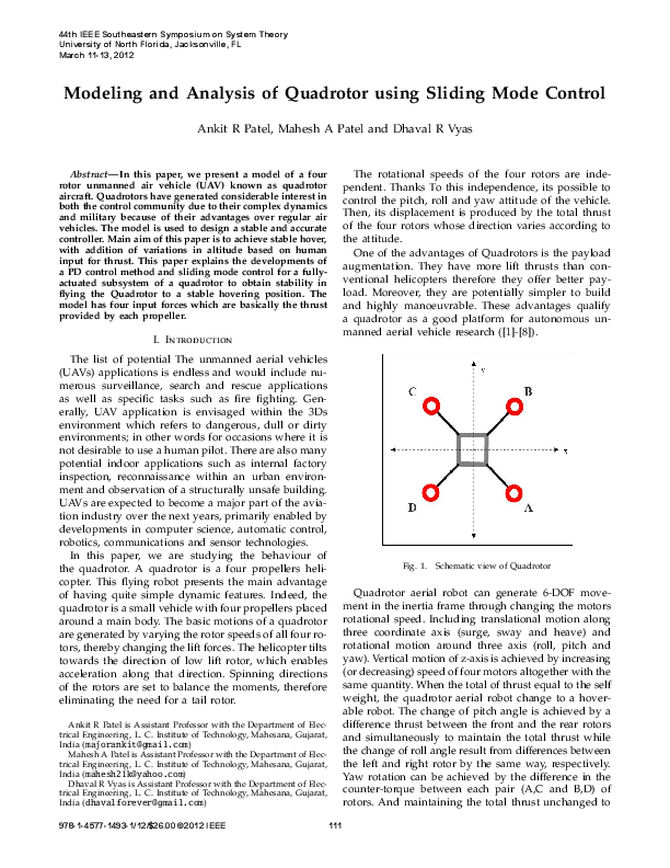 (PDF) Modeling and Analysis of Quadrotor using Sliding Mode Control