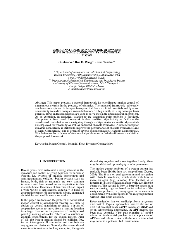 Pdf Coordinated Motion Control Of Swarms With Dynamic Connectivity In Potential Flows