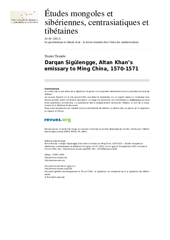 (PDF) Darqan Sigülengge, Altan Khan’s emissary to Ming China, 1570-1571