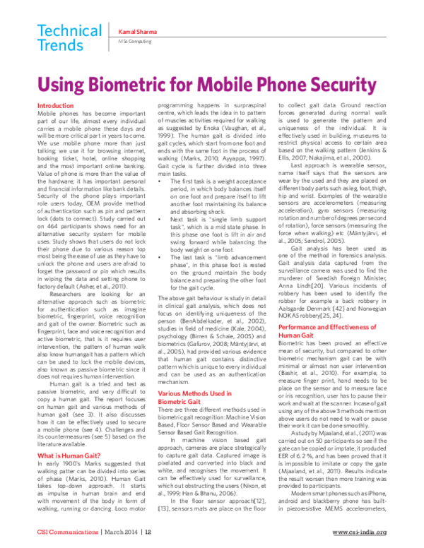 Pdf Human Gait Using Biometric For Mobile Phone Security